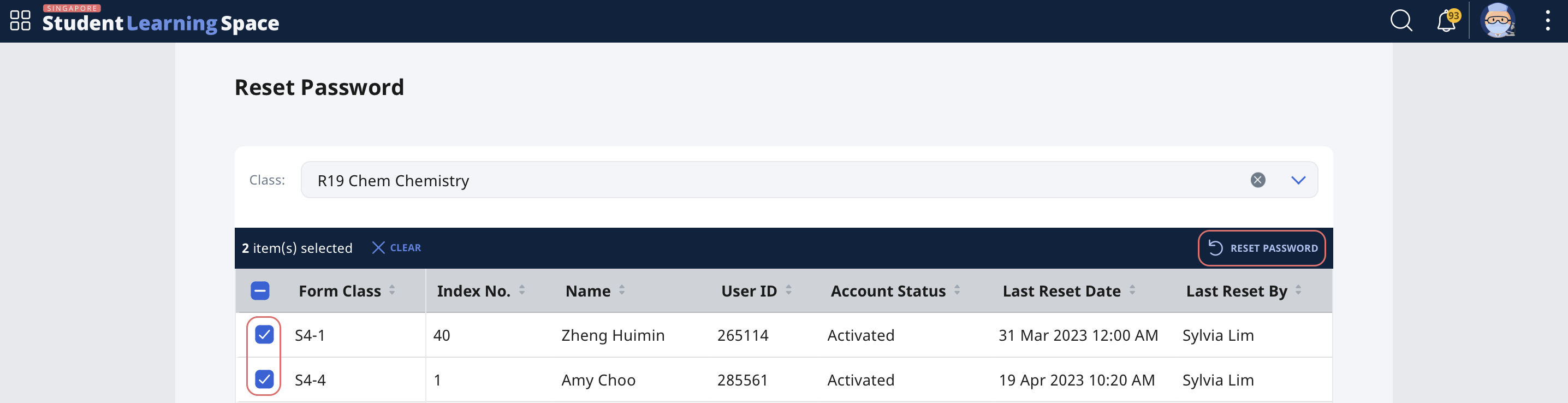 (A1,ii) Reset Student Passwords for Classes
